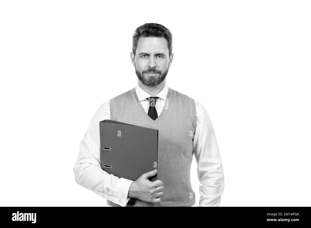 handsome man manager hold folder with documents isolated on white ...