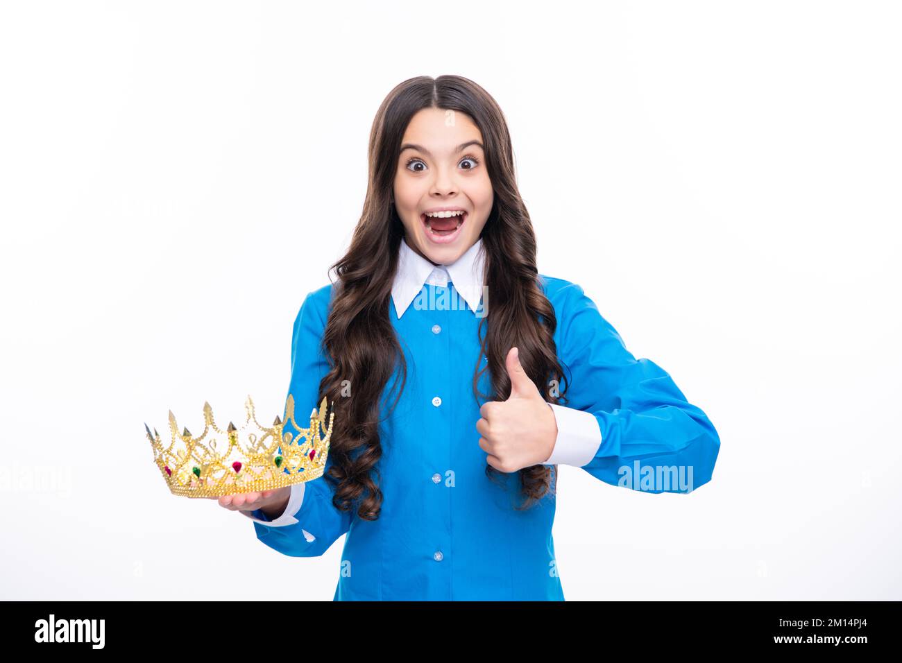 Teen child in queen crown isolated on white background. Princess girl ...
