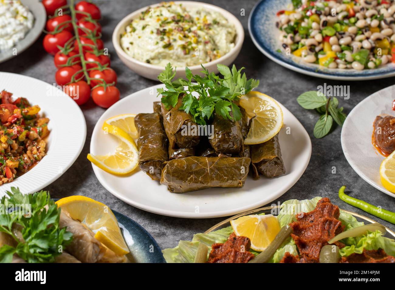 Traditional Turkish and Greek dinner appetizer table. Mediterranean ...
