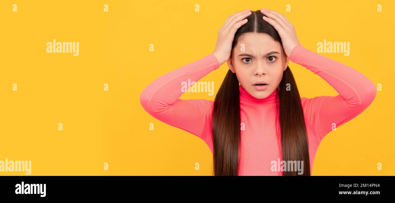 concept of headache. worried kid with long hair. beauty and fashion ...