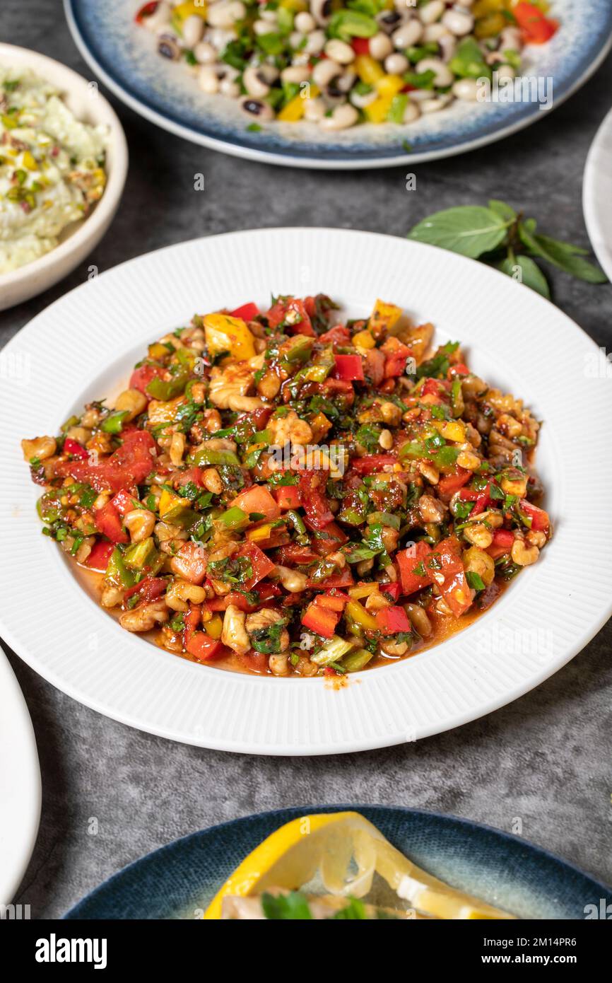 Traditional Turkish and Greek dinner appetizer table. Mediterranean ...