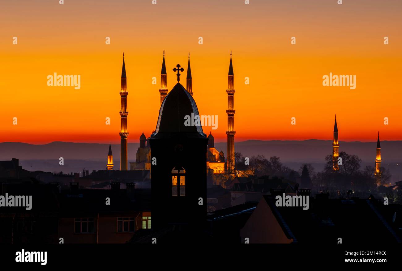 Bulgarian Sveti George Church and Selimiye Mosque at sunset, Edirne ...