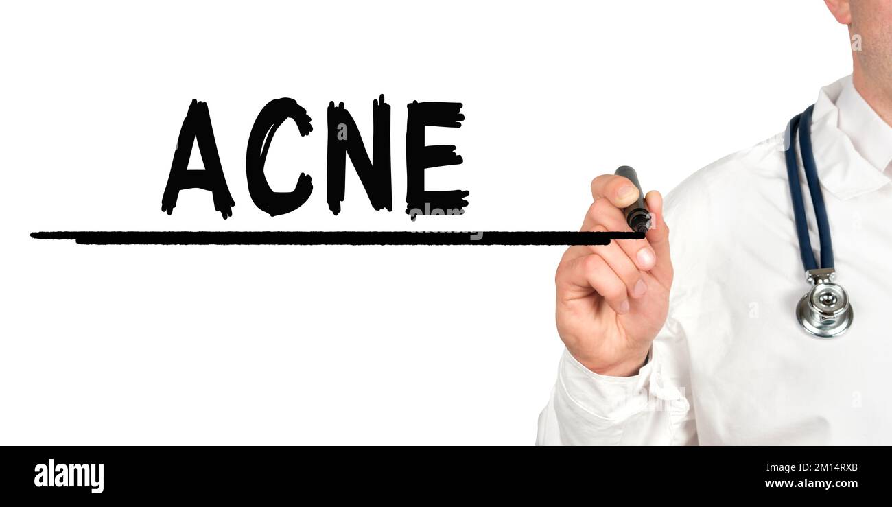 Medicine concept. Doctor writes the word - ACNE. Image of a hand ...