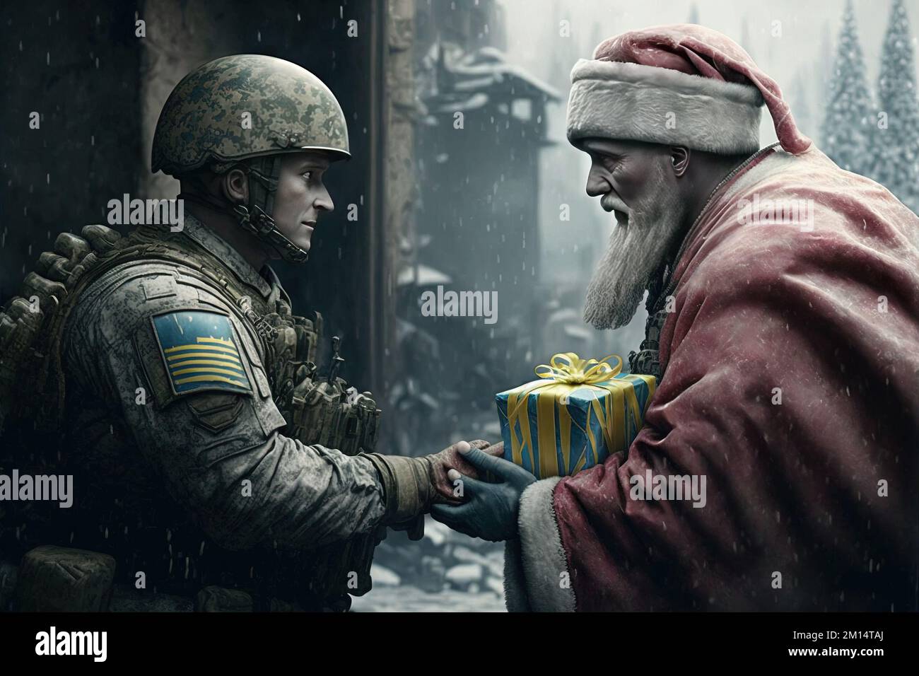 santa claus giving gift to a sad ukraine war young soldier cinematic ...