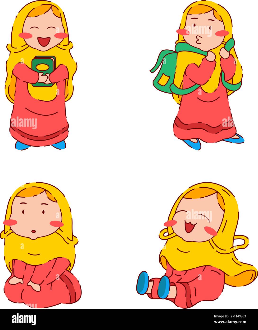 Happy and surprised emotions of a little cartoon girl in red and yellow ...
