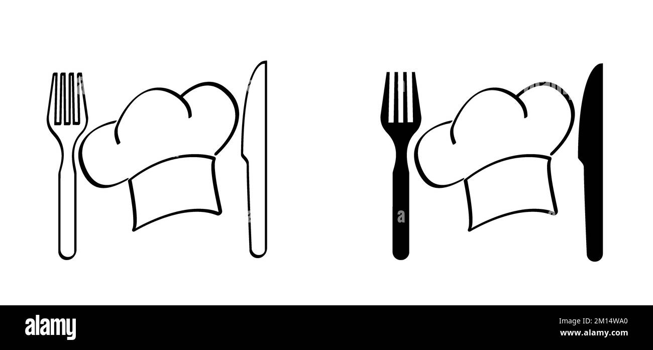 Plate, fork and knife icon. Cartoon chef cap symbol. Kitchen cook or ...