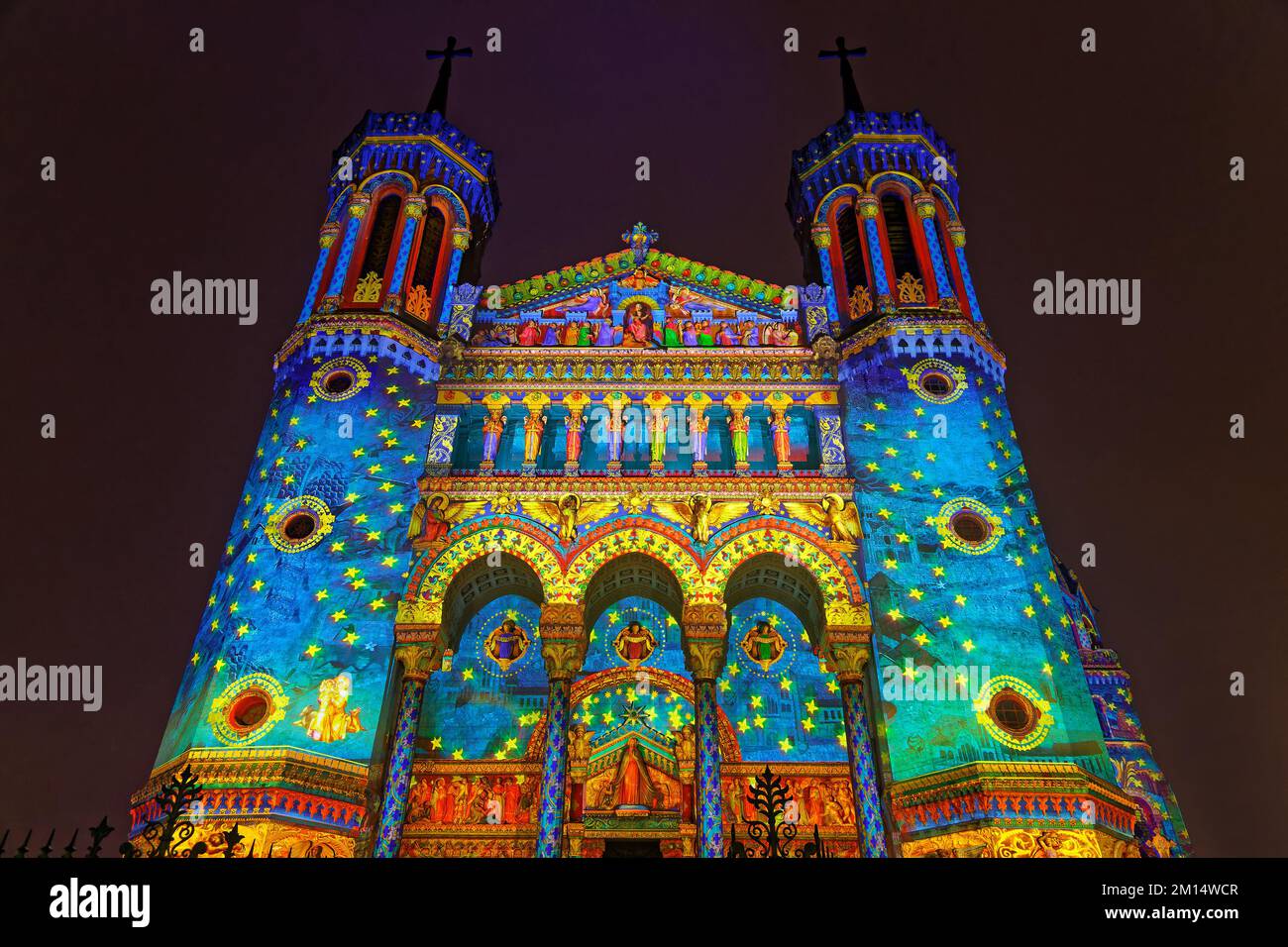 LYON, FRANCE, December 8, 2022 : Fourviere Basilica during Festival of Lights. The Fete des ...
