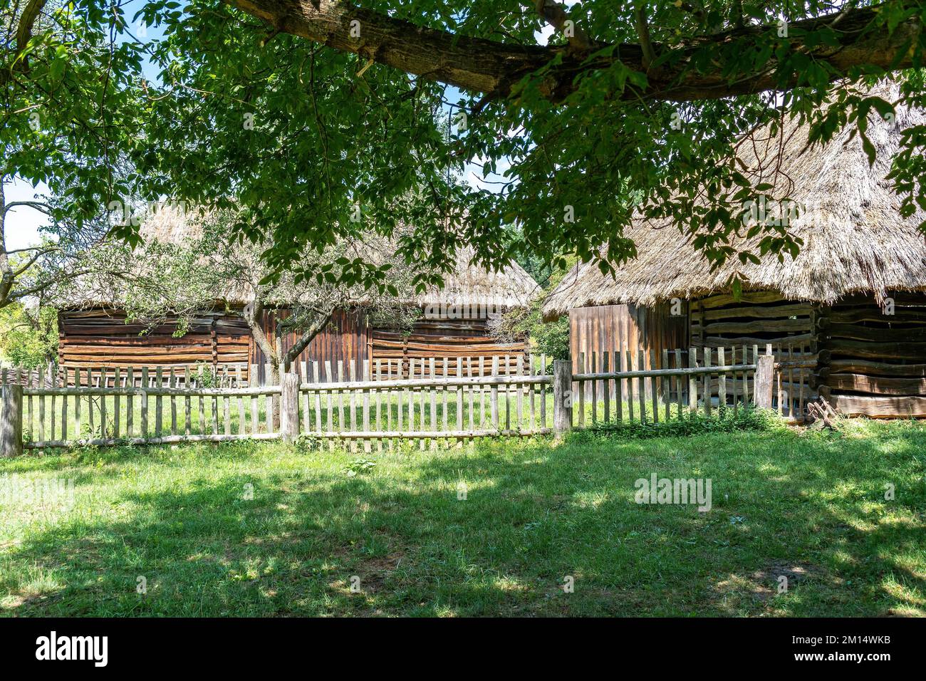 Two timbered barns at an open-air museum in Moravia Straznice, Czech ...