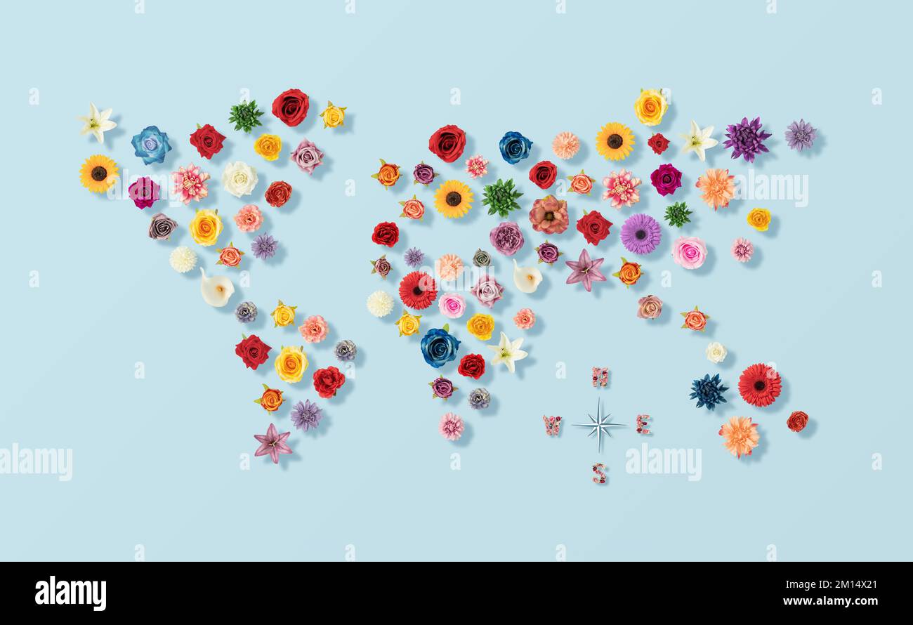 The layout of the world map with various colorful spring flowers on the ...