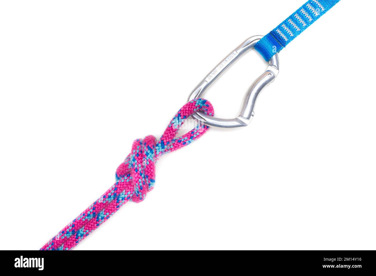 Rope with knot in carabiner with quickdraw on white background Stock ...