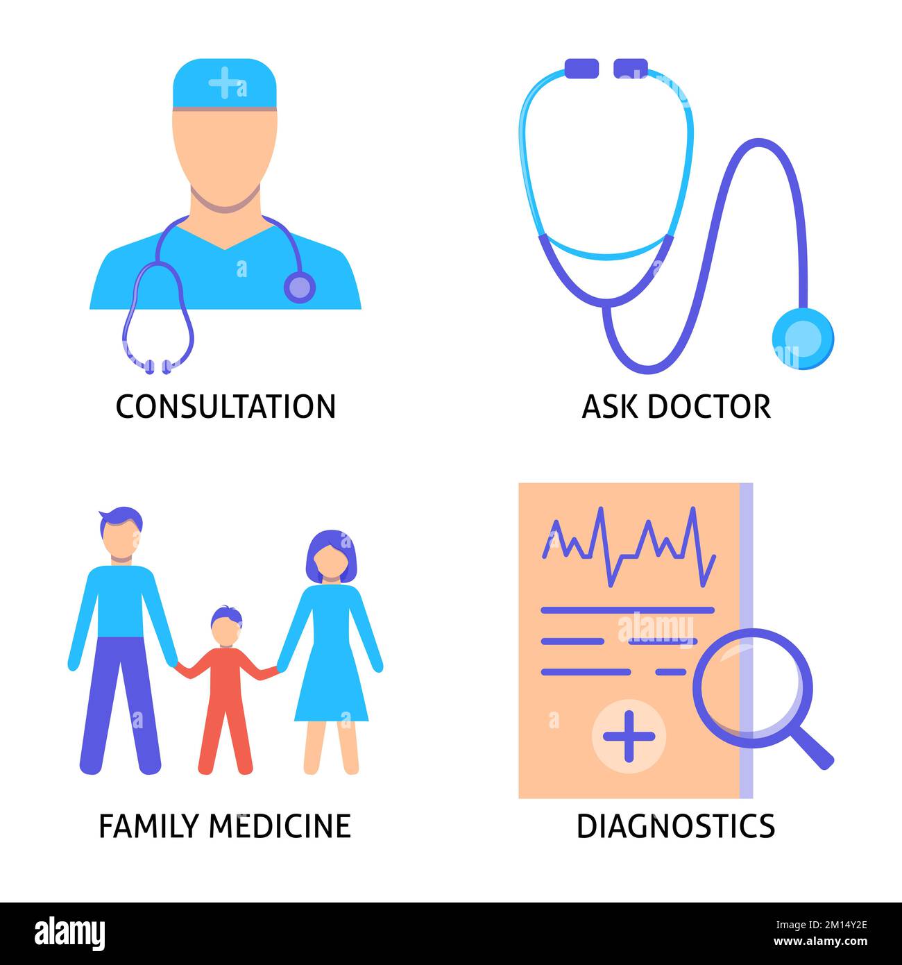Medical consultation icon set in flat style. Doctor, stethoscope ...