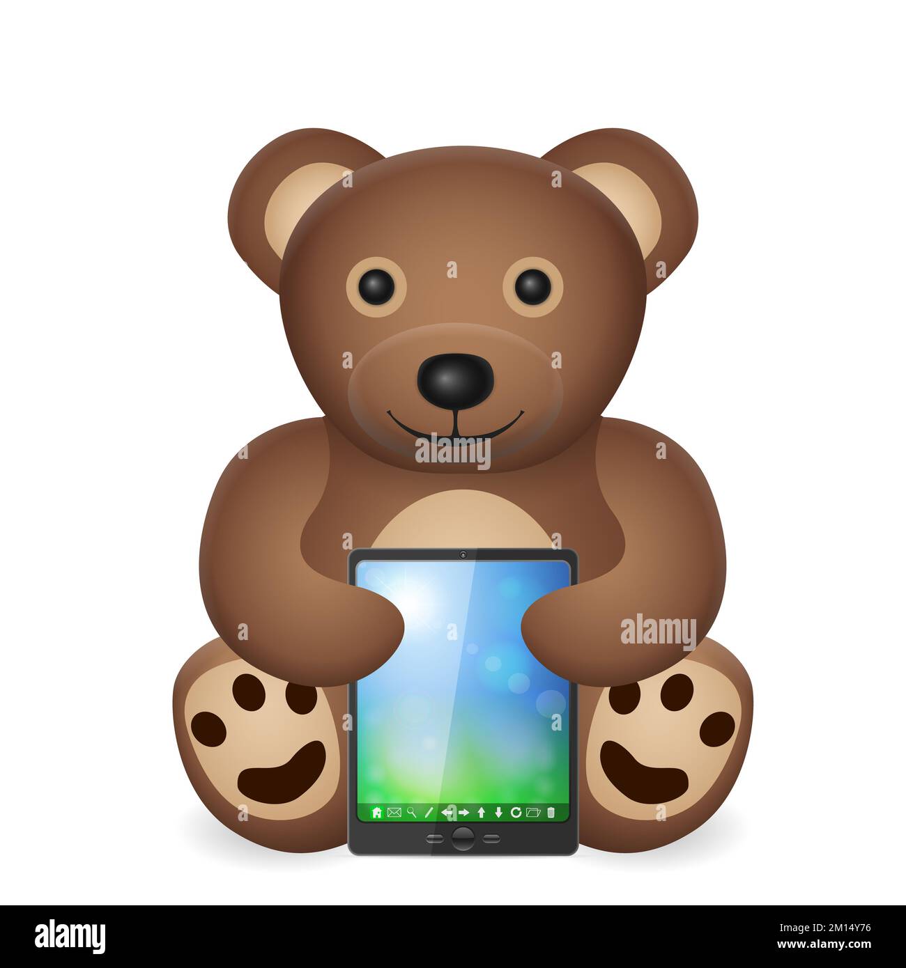 Teddy bear with tablet on a white background. Vector illustration Stock ...