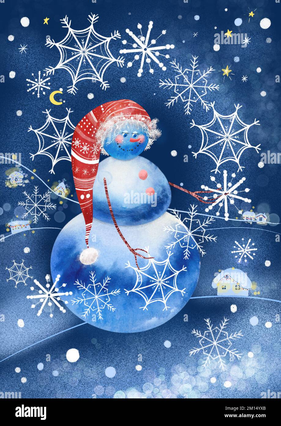 Illustration watercolor snowman with snowflakes in a snowdrift Stock ...