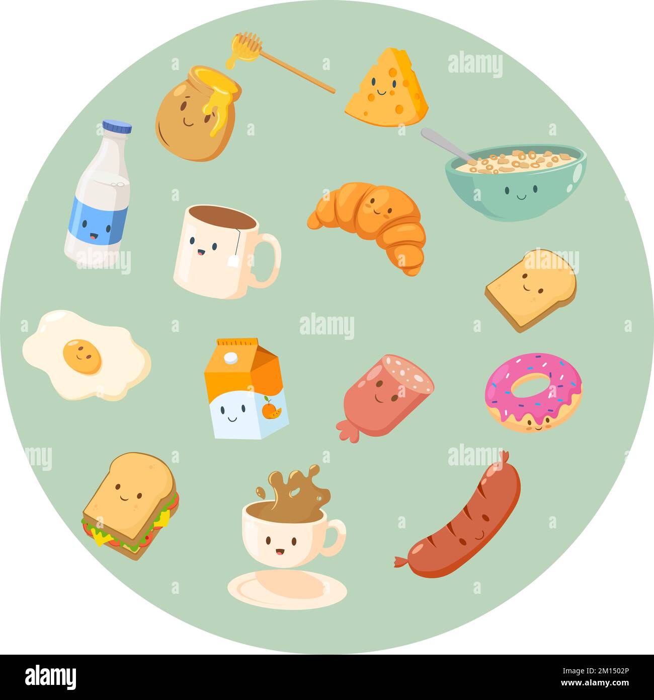 Cute Cartoon Breakfast Elements With Croissant Cereal Milk Cheese Tea