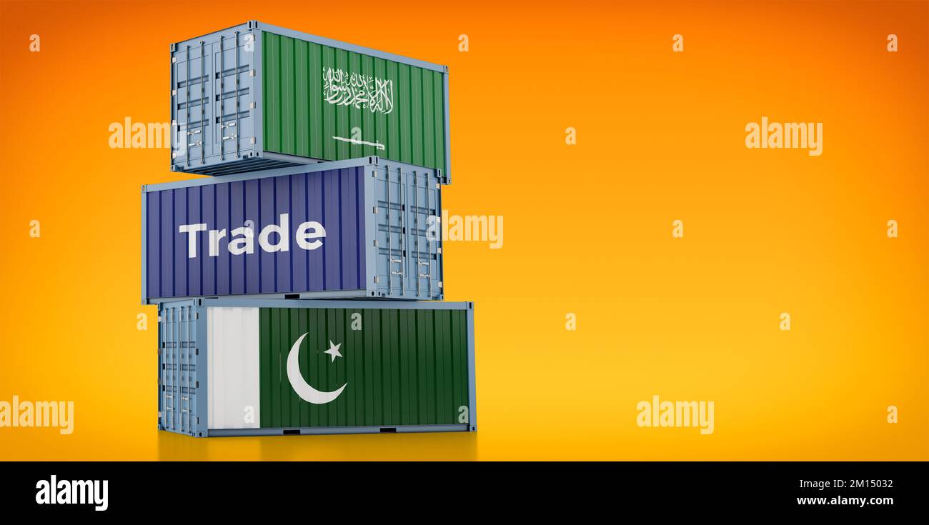 Cargo containers with Pakistan and Saudi Arabia national flags. 3D ...