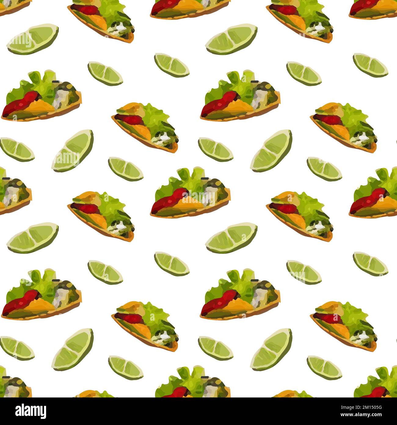 Pattern with Mexican traditional dishes. Taco, burrito, lime. Seamless ...
