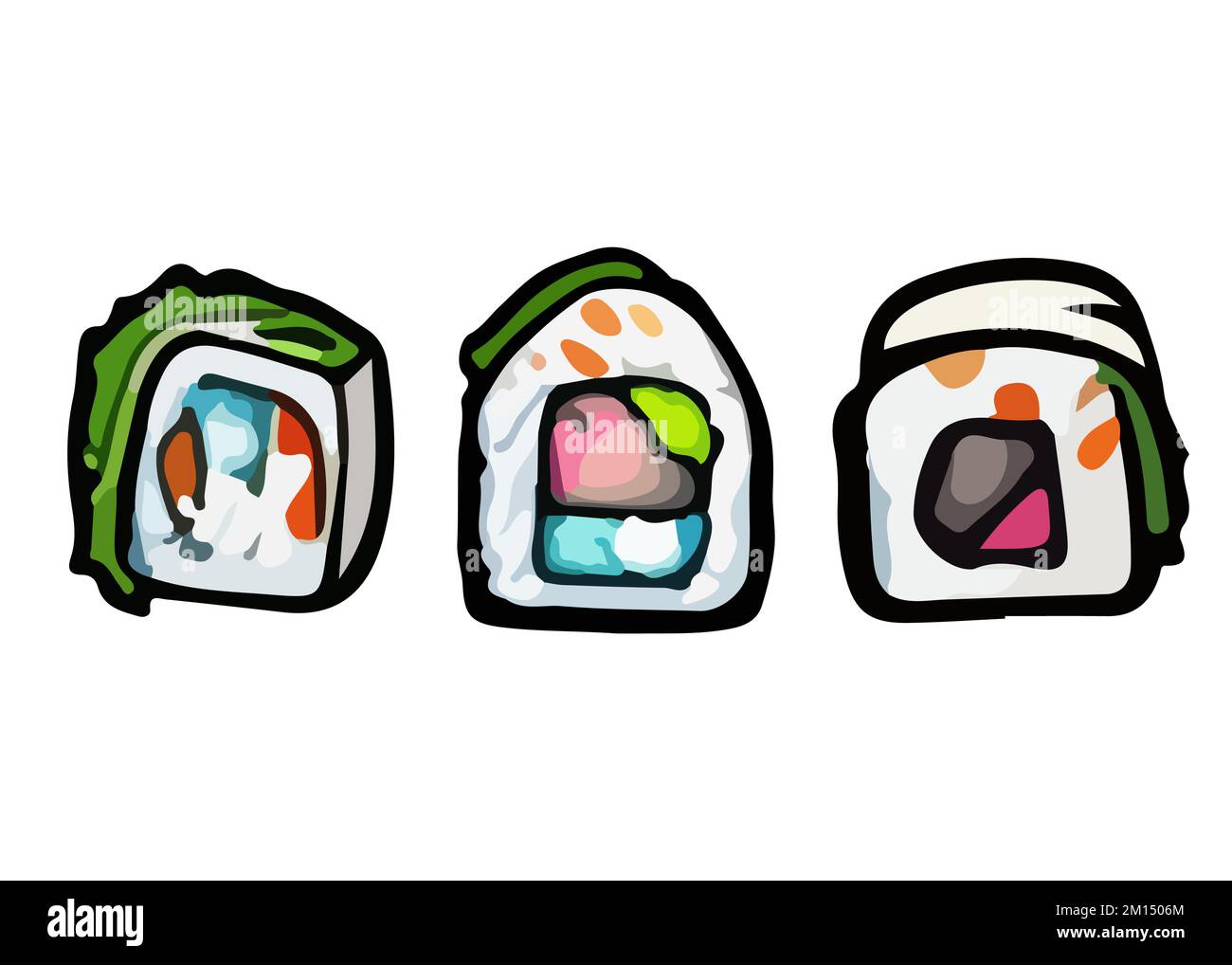 Vector Cartoon sushi set asian food with fish, rice, seaweed, caviar ...