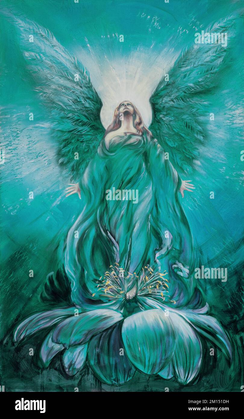 Majestic turquoise, green, blue angel of love in a lotus flower looks ...