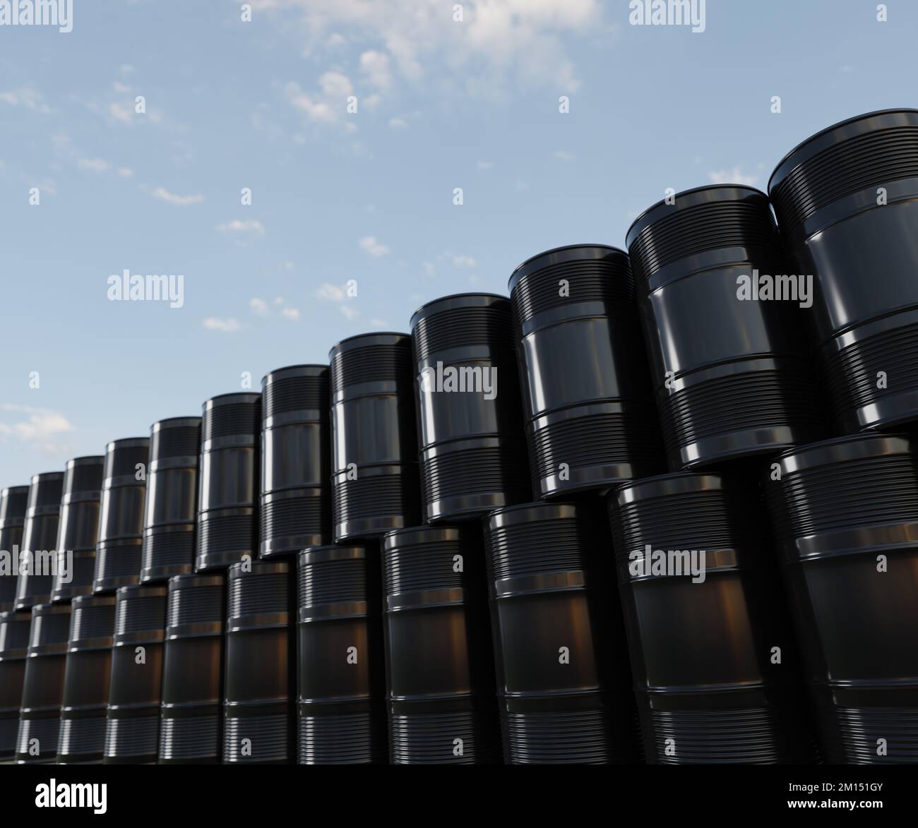 Large industrial stack of oil barrels against blue sky, 3d rendering ...