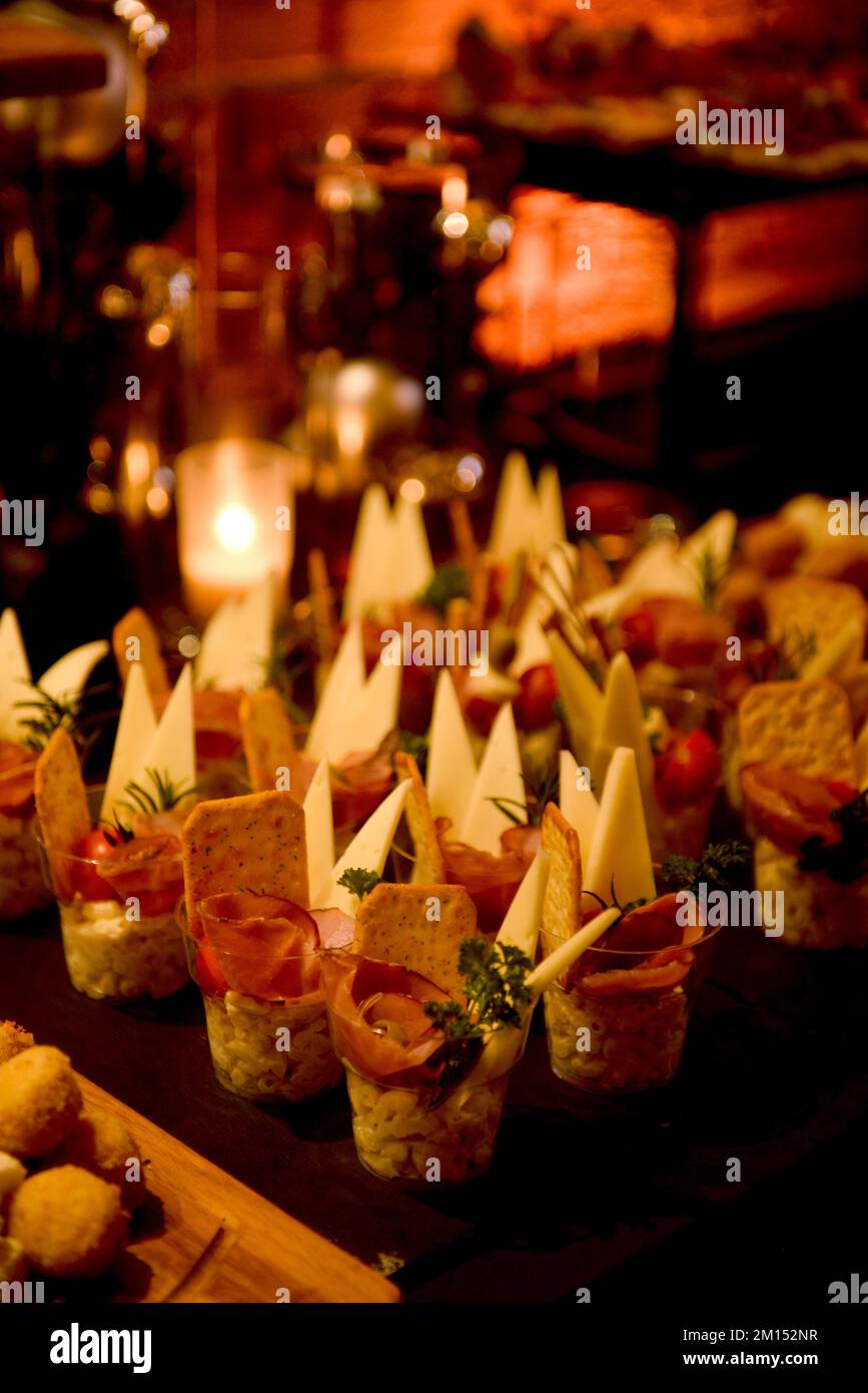 The buffet at the reception. Assortment of well decorated gourmet food ...