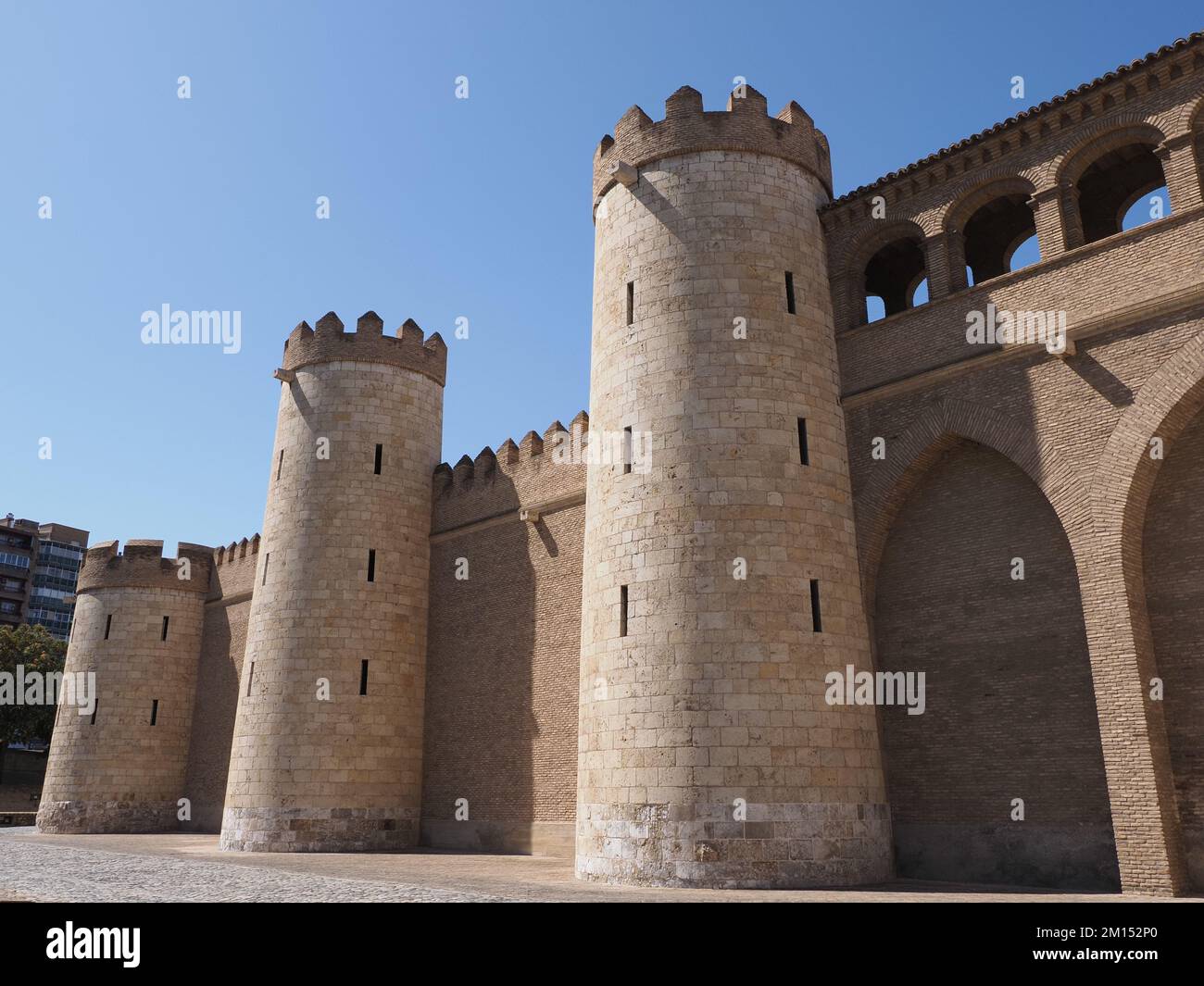 Monumental towers of palace in european Saragossa city at Aragon ...