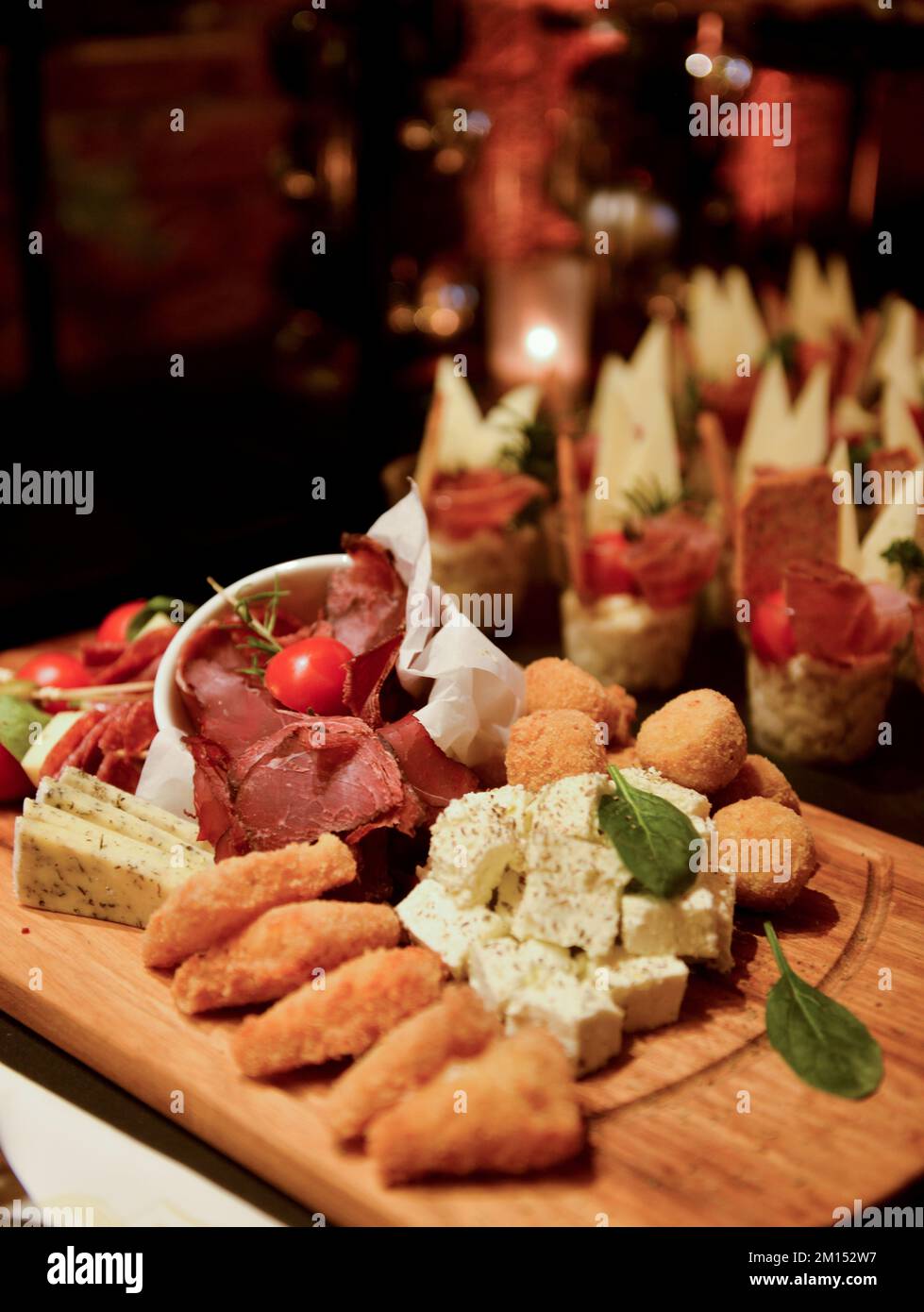 The buffet at the reception. Assortment of well decorated gourmet food ...