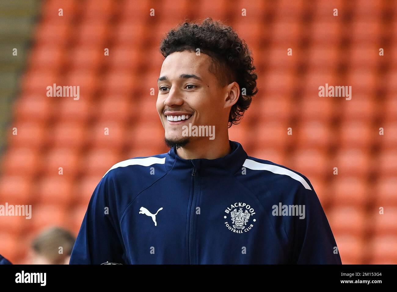 Rhys Williams #15 of Blackpool arrives at Bloomfield Road ahead of the ...