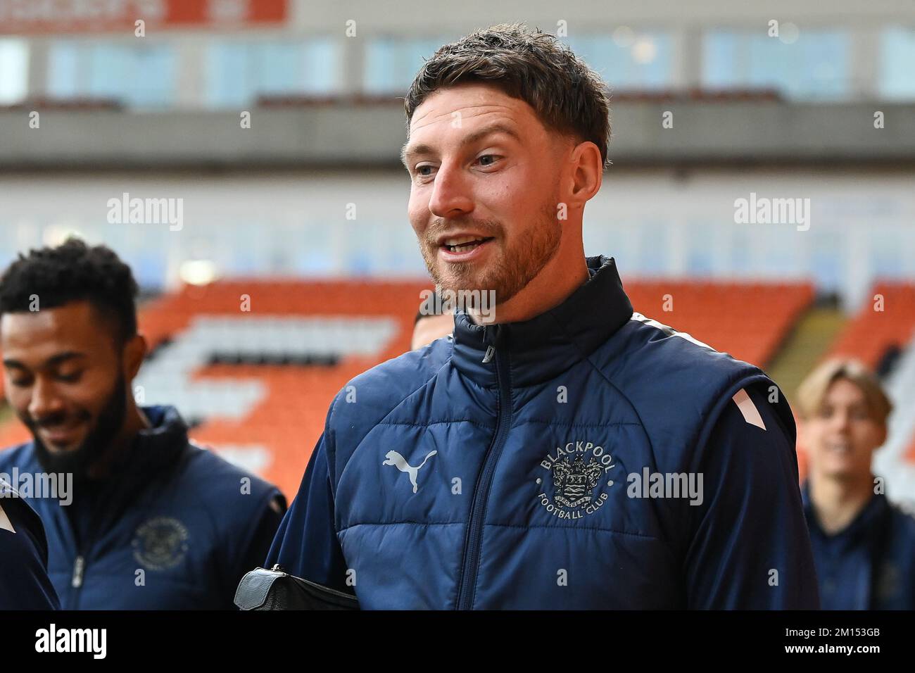 James Husband #3 of Blackpool arrives at Bloomfield Road ahead of the ...