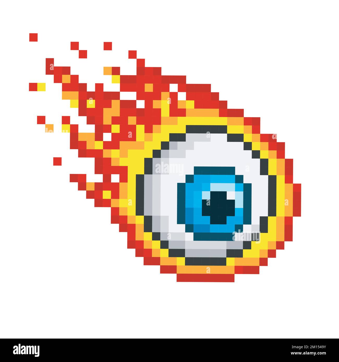 A vector pixel art of a blue eyeball with red flames isolated on a ...