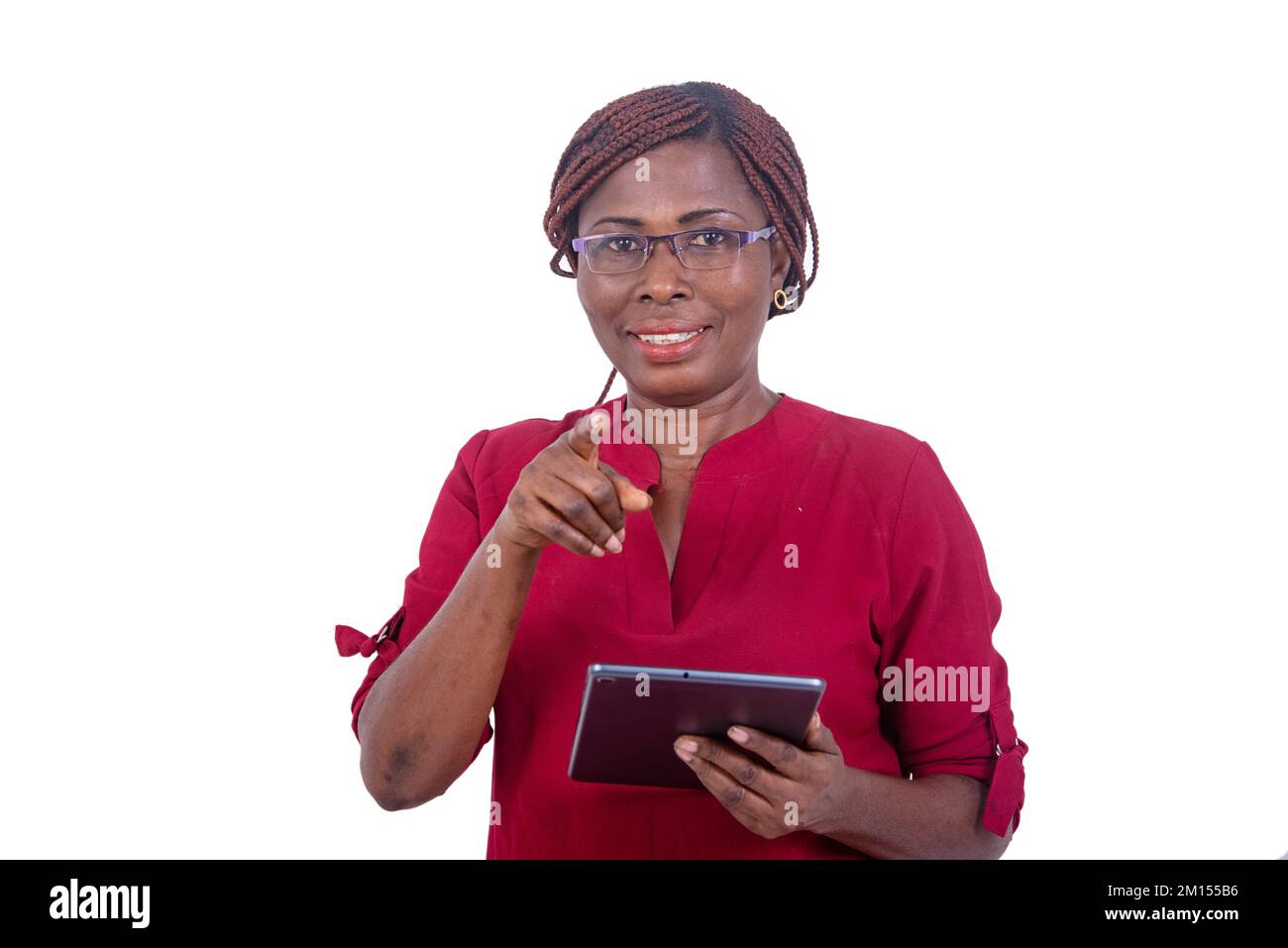 beautiful businesswoman in glasses standing on white background with ...