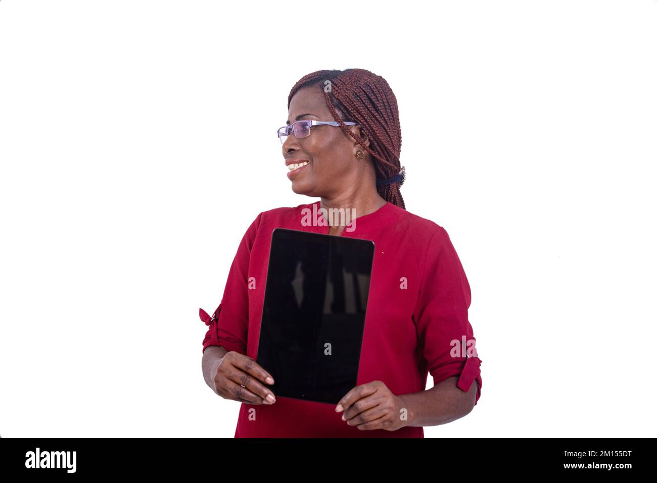 beautiful businesswoman in glasses standing on white background ...