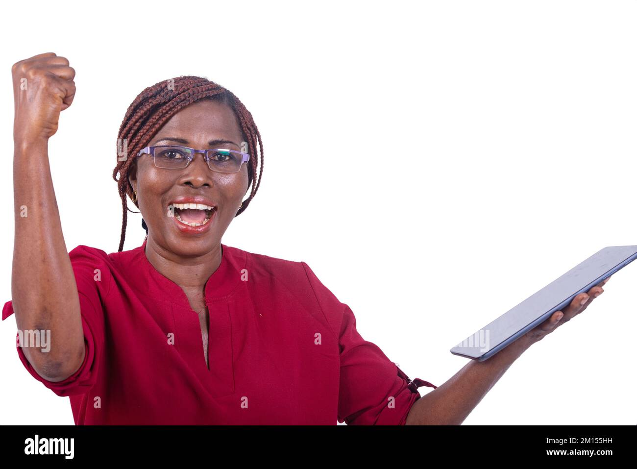 a beautiful businesswoman in glasses standing on white background with ...