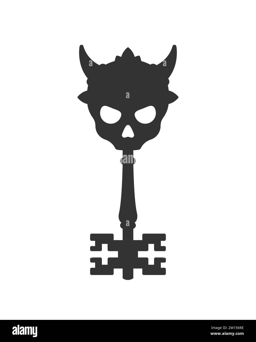 Ancient demon skull key with horns for hidden treasure flat vector icon ...