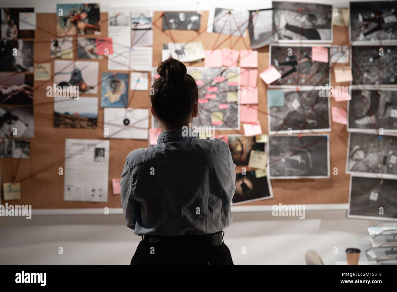 Female detective looking attentively at investigation board, back view ...