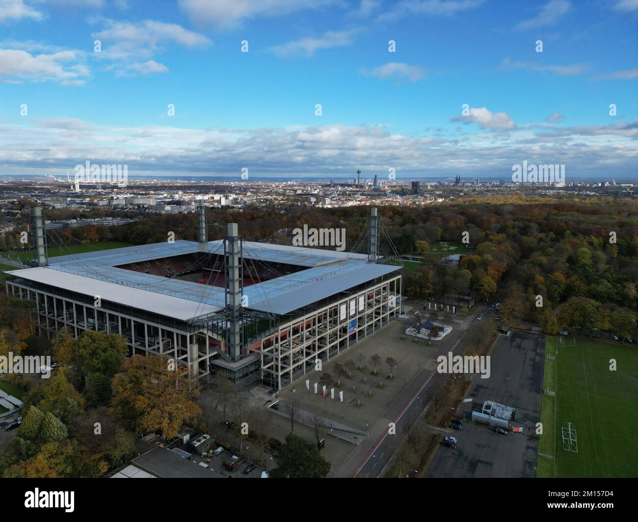An aerial view of the Rhein Energie Stadium to the east over the city ...