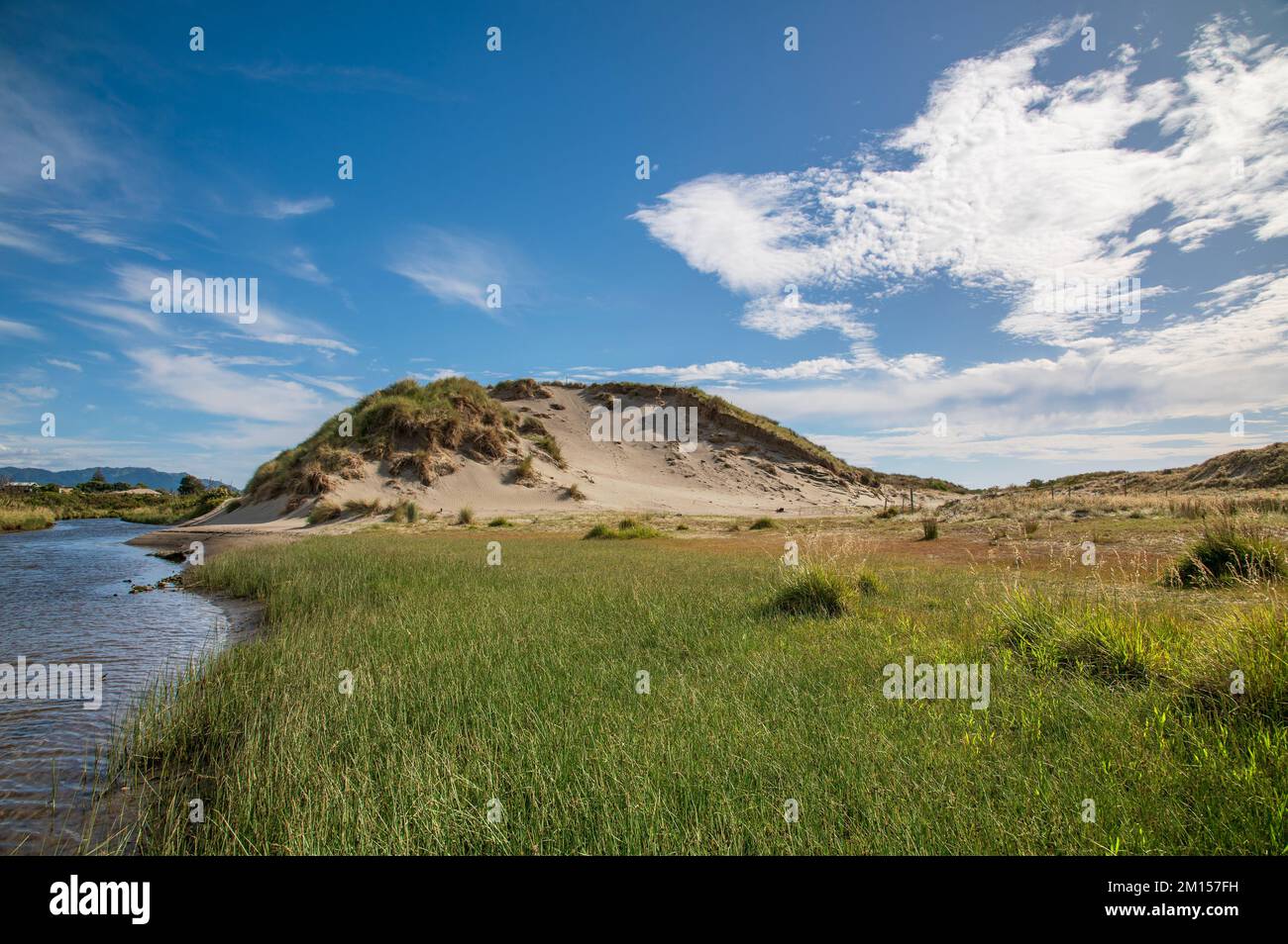 Sand dunes, grassy flats and Waitohu Stream on Otaki Beach on Kapiti ...