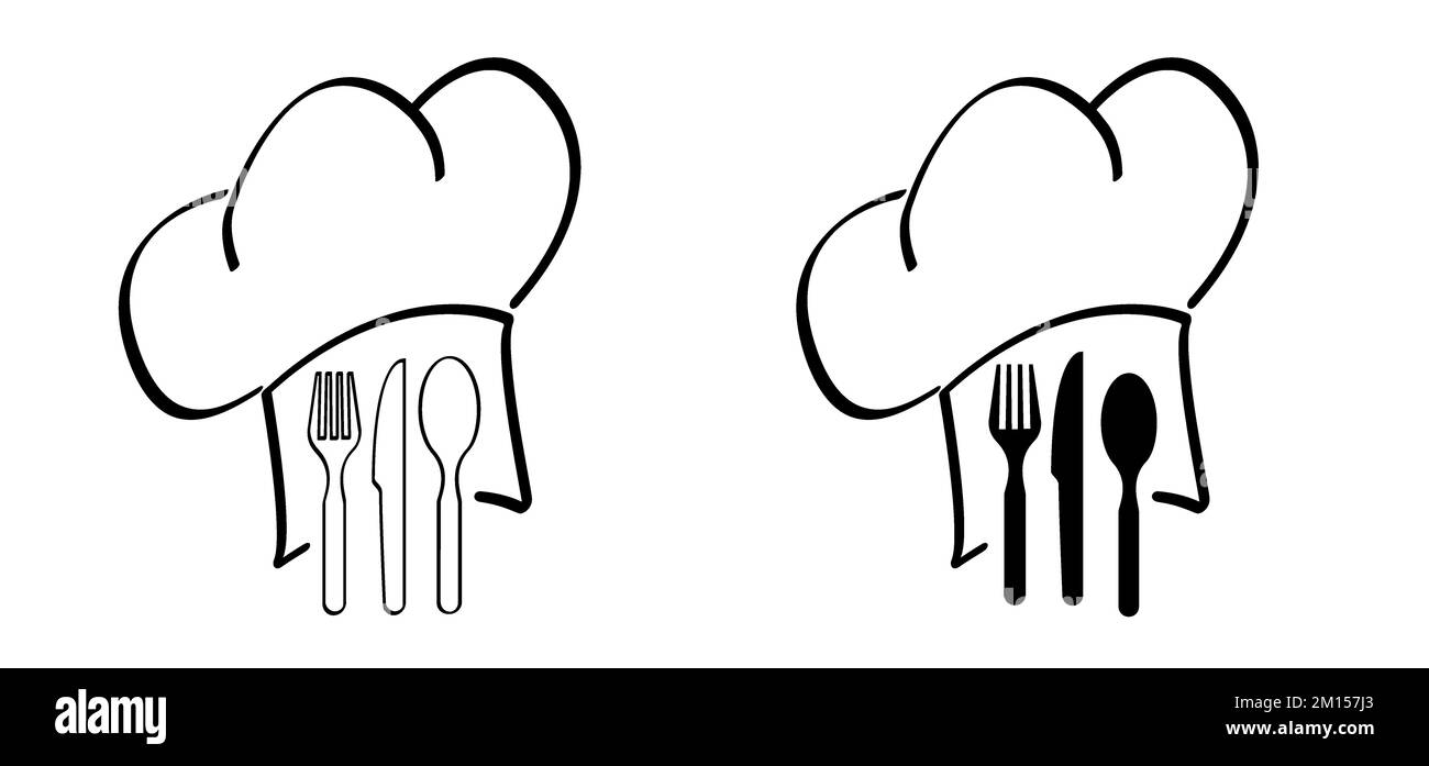 Plate, fork and knife icon. Cartoon chef cap symbol. Kitchen cook or ...