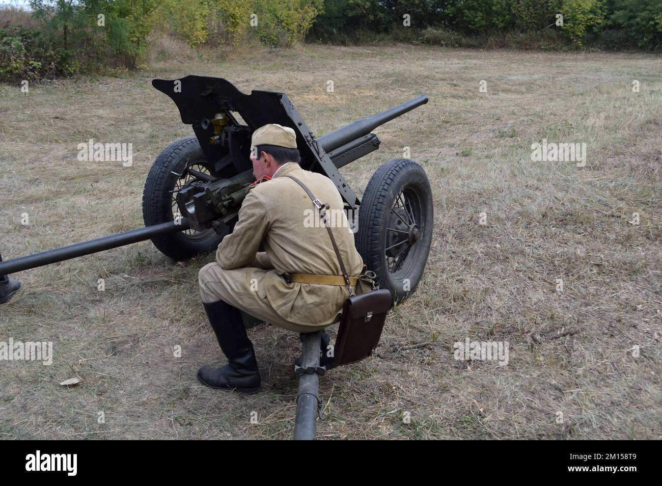 red army cap, artillery gun, caliber, 45 mm, reconstruction of WWII war ...