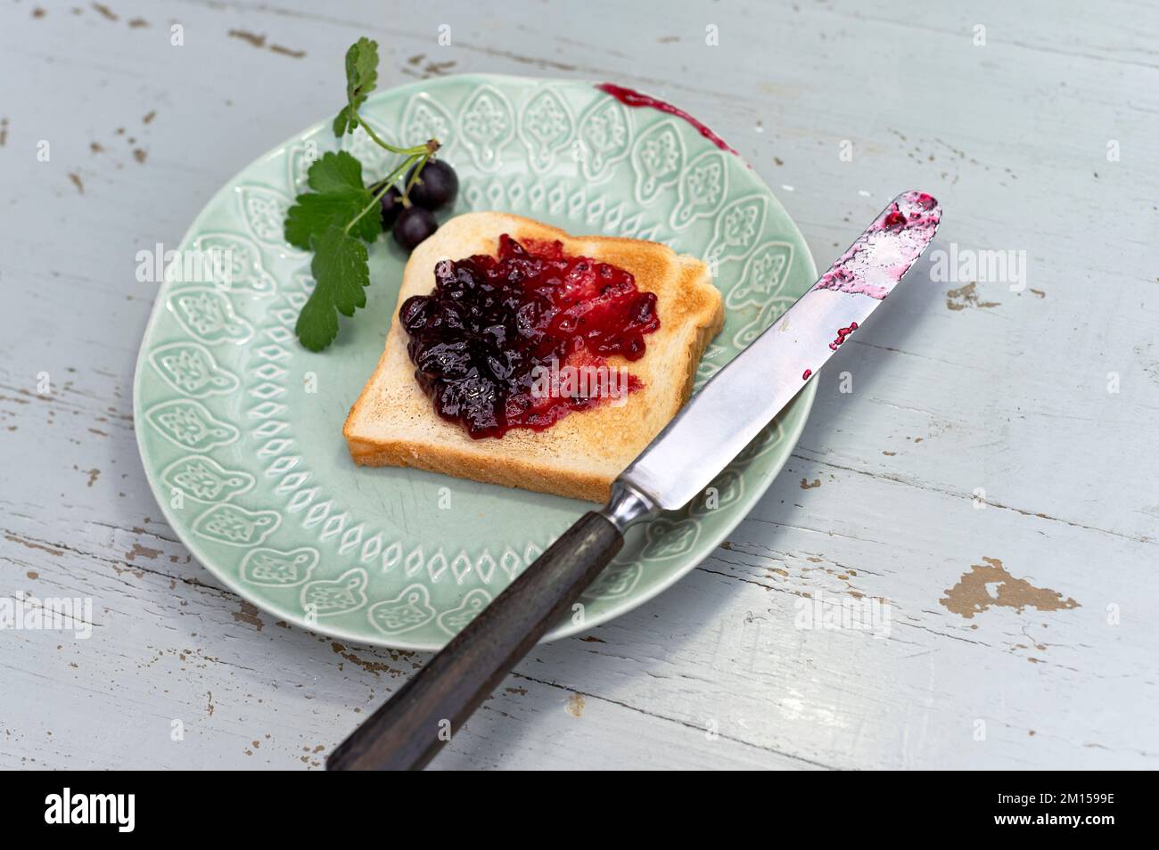 Toasted bread with black currant jam Stock Photo - Alamy