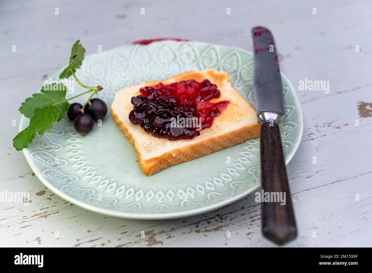 Toasted bread with black currant jam Stock Photo - Alamy