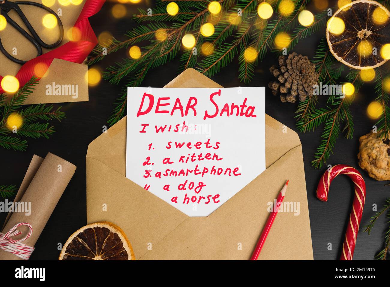 Letter to Santa Claus from Children on a Desk. Dear Santa. Top View of ...