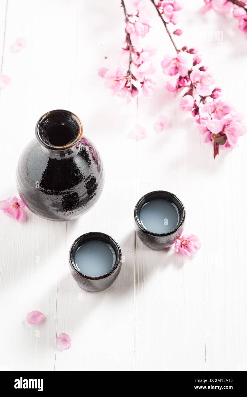 Traditional Japanese sake in the Japanese restaurant. Traditional high ...