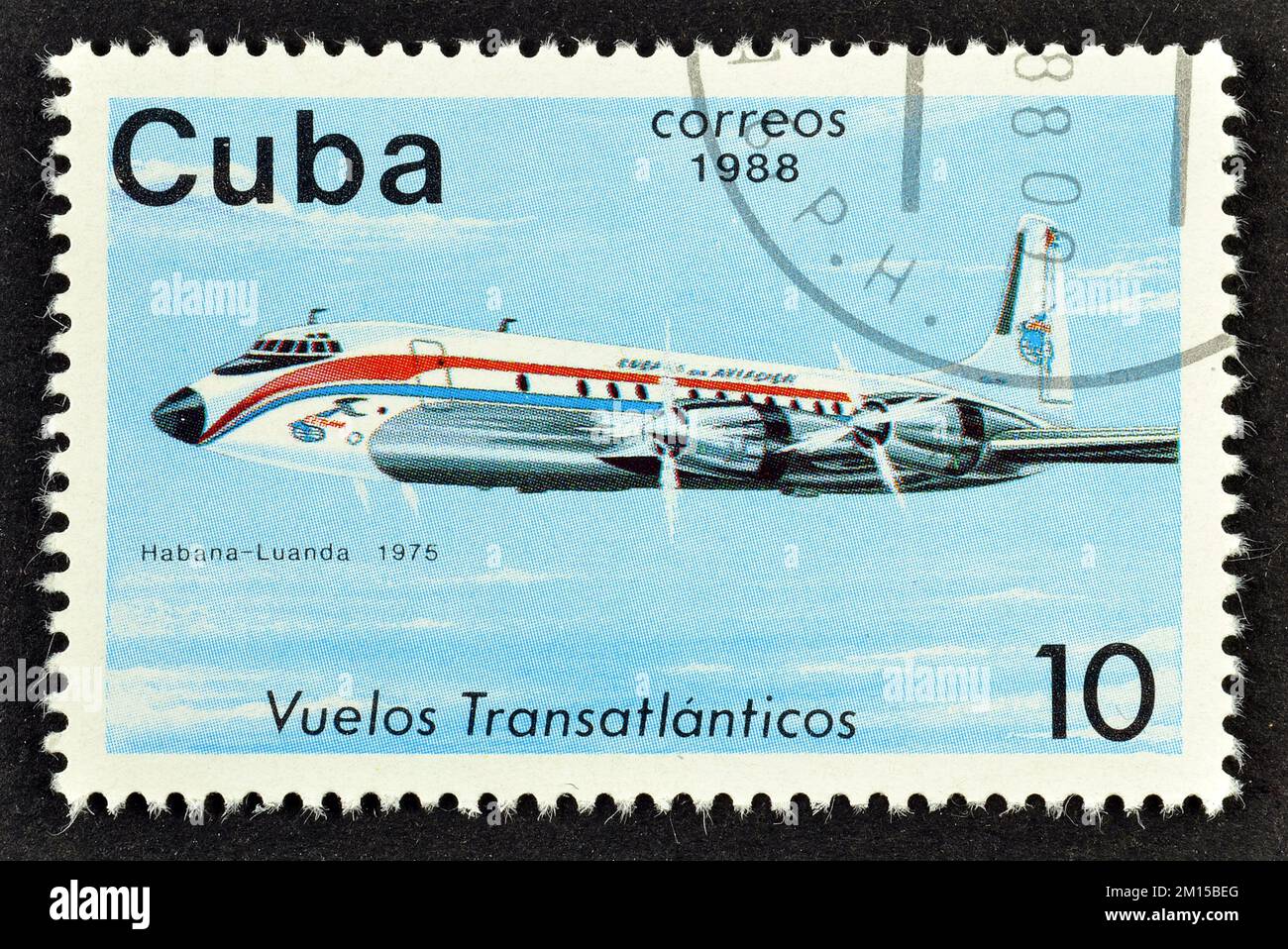 Cancelled postage stamp printed by Cuba, that shows Airplane Douglas DC ...