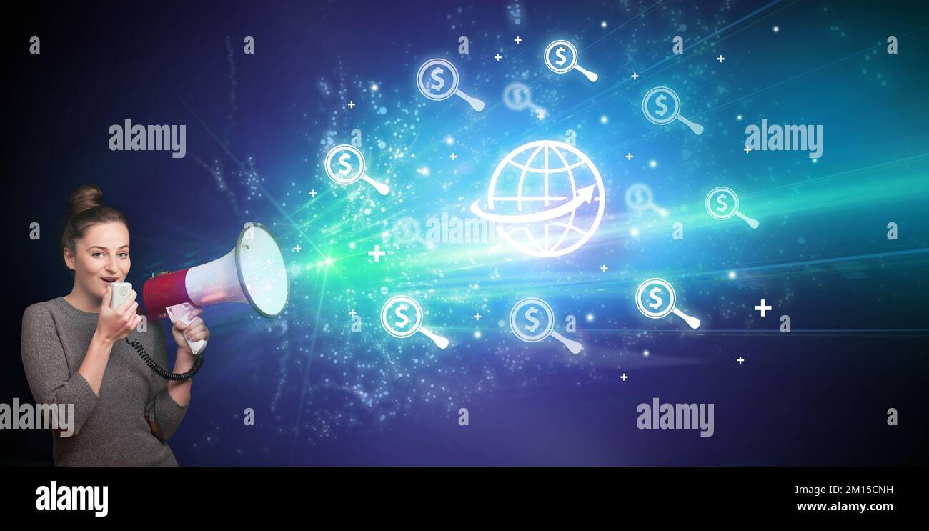 Young person with megaphone and business icon Stock Photo - Alamy