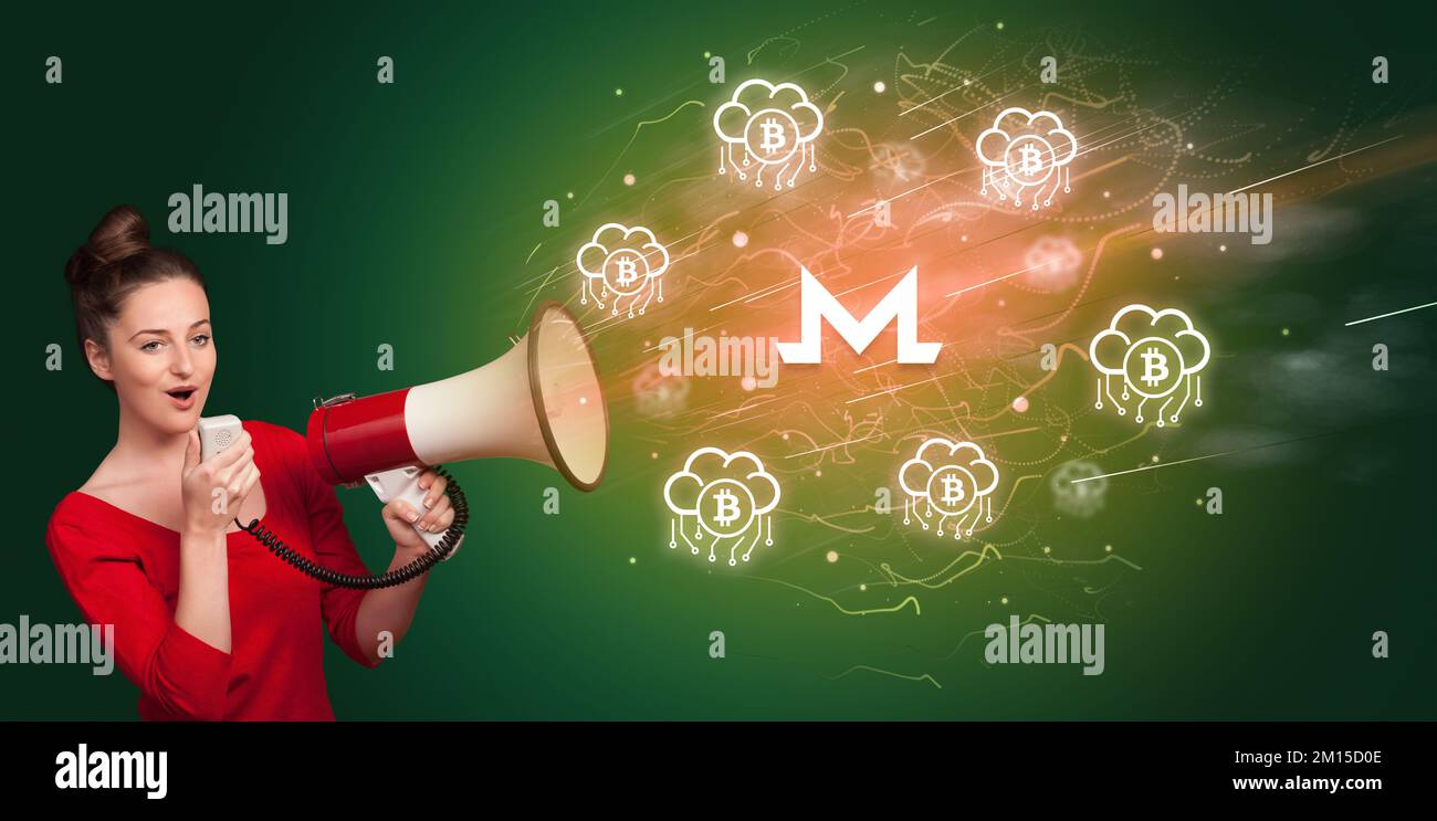 Young person with megaphone and currency icon Stock Photo - Alamy