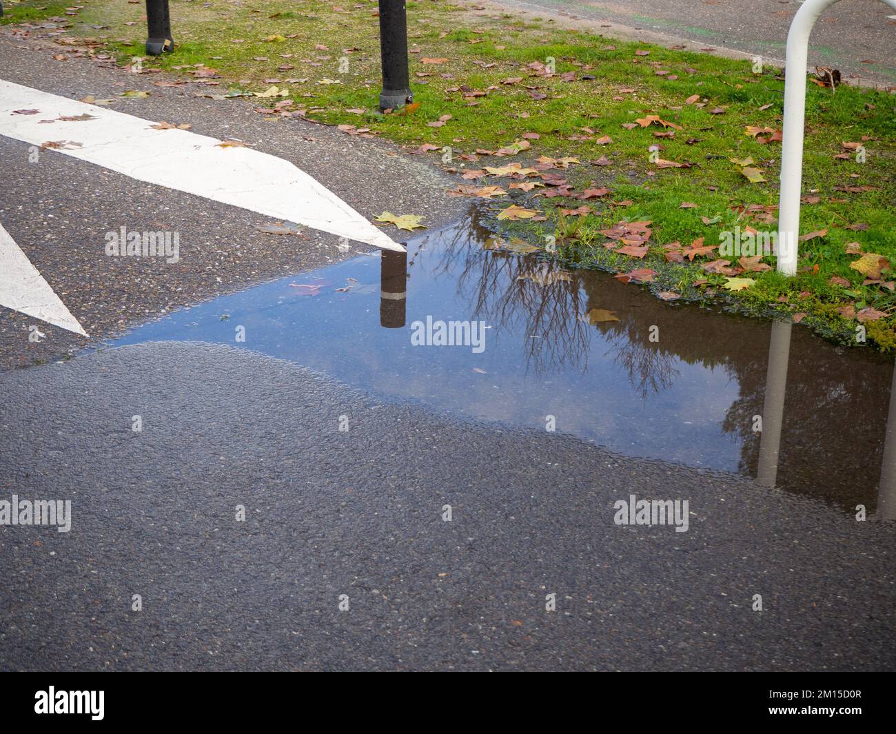 Pothole on a paved road on a rainy winter day. Concept of risk and ...