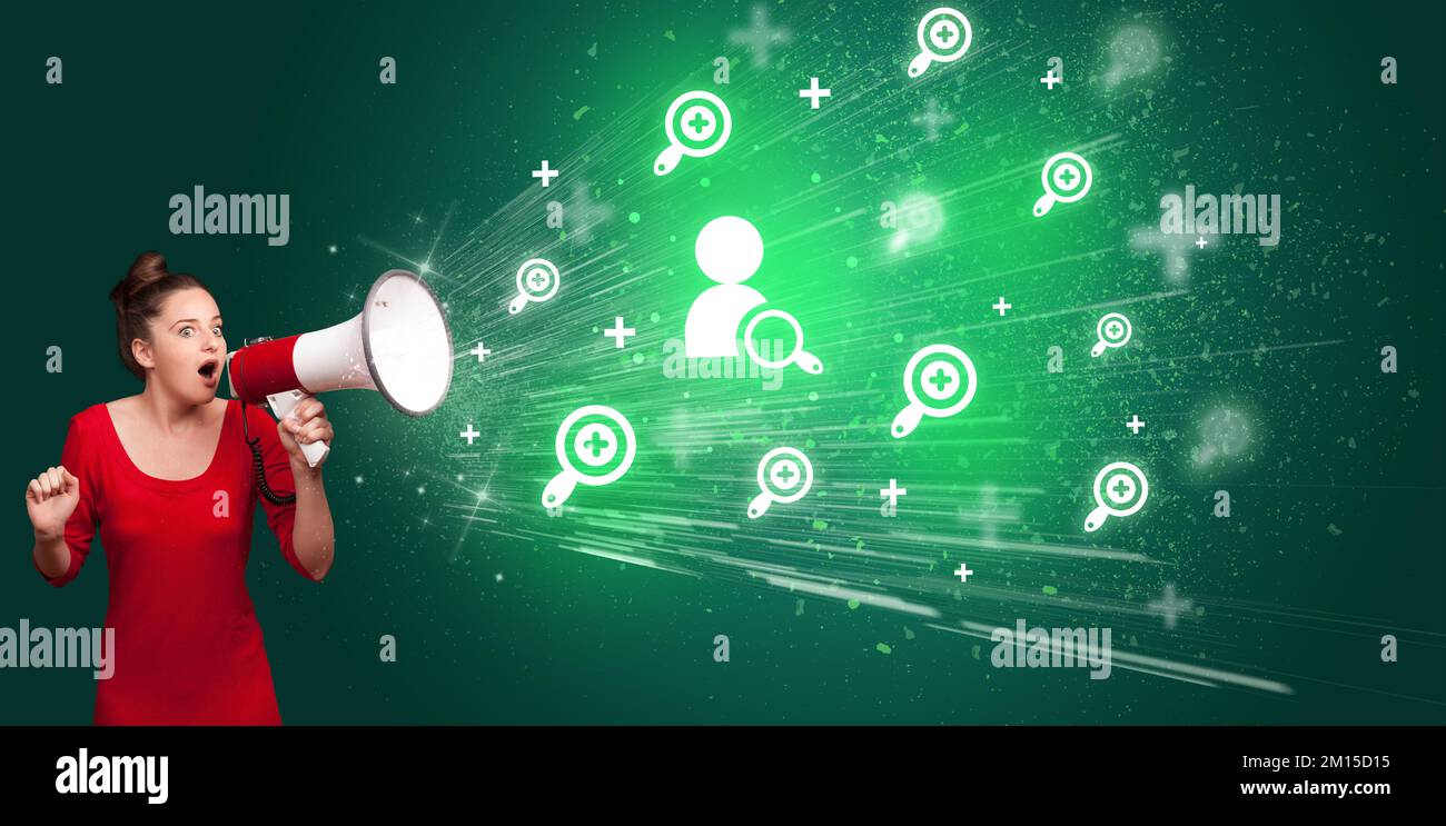 Young person with megaphone and social networking icon Stock Photo - Alamy