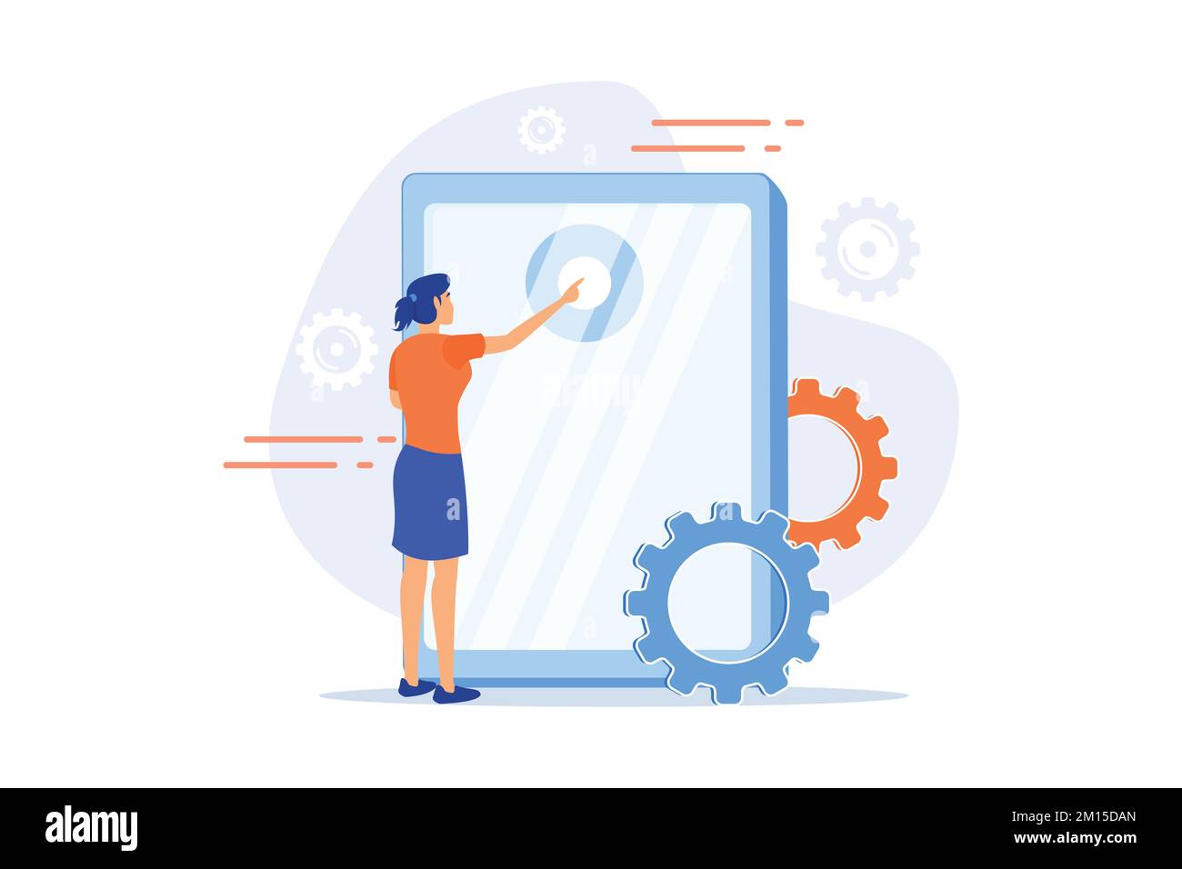 New gadget testing. Female flat character pressing on smartphone screen ...