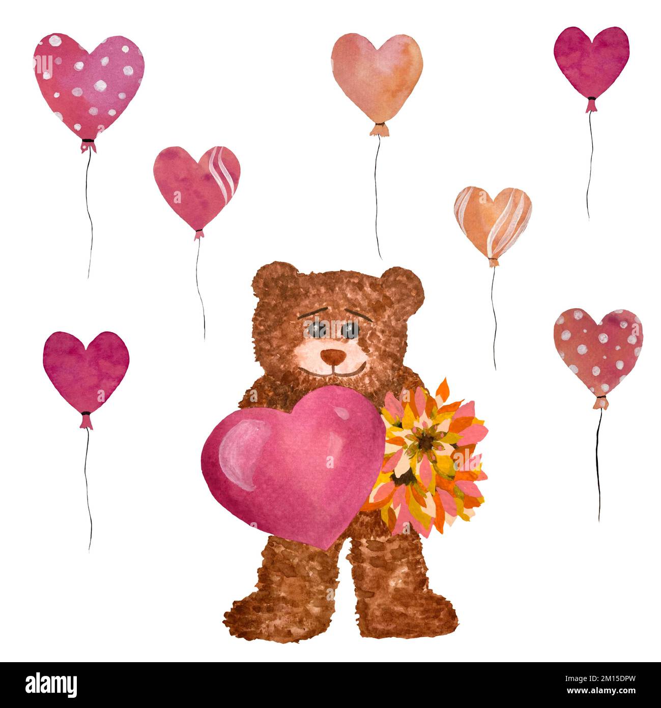 Bear flower heart balloon cute watercolor sketch Stock Photo - Alamy