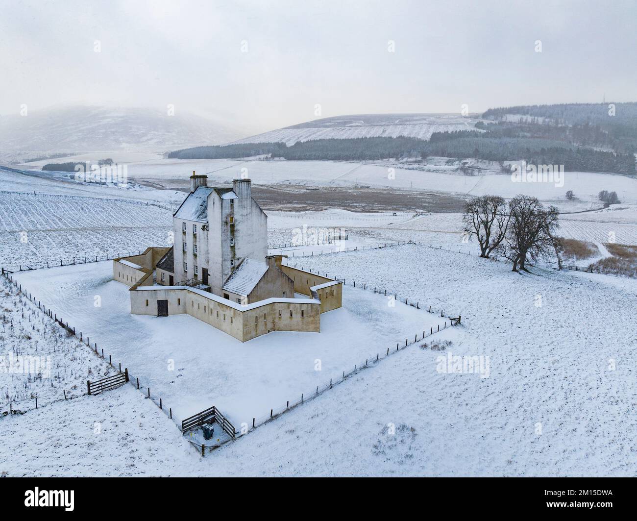 Aerial view of Corgarff Castle in winter snow, Aberdeenshire, Scotland ...